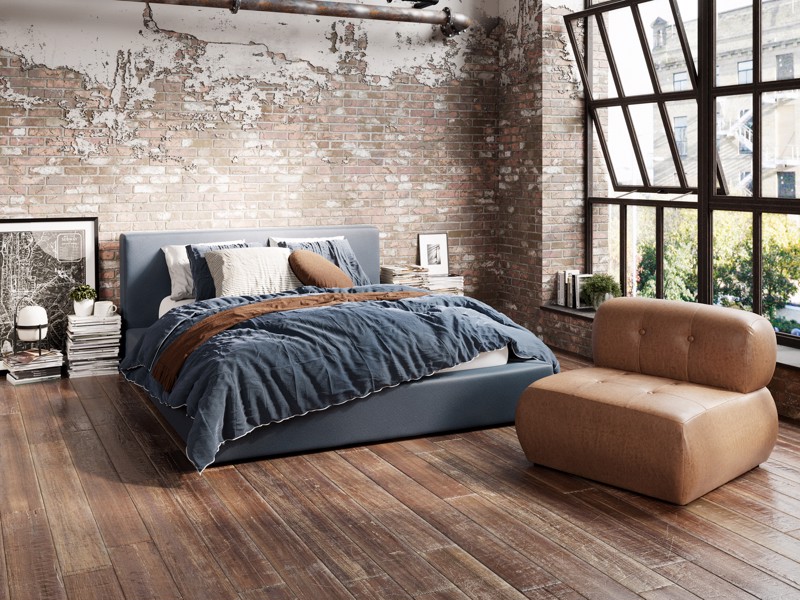 Blue upholstered bed store